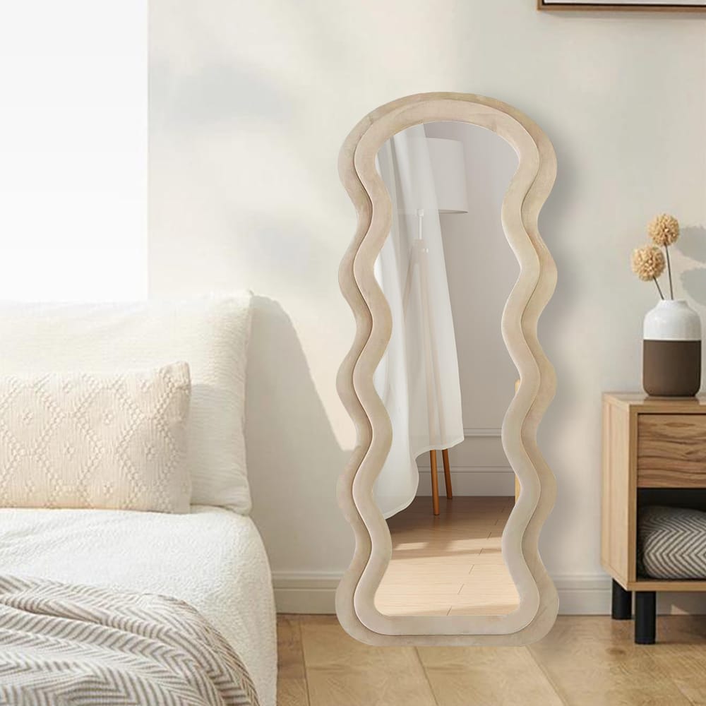 Modern Arched Wavy Velvet Full Length Mirror 160cm x 60cm Beige Wall ...